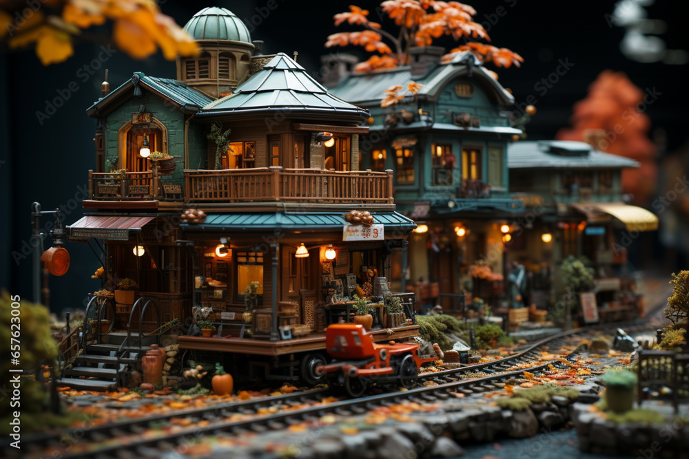 A wooden toy train station complete with miniature benches and signs ...