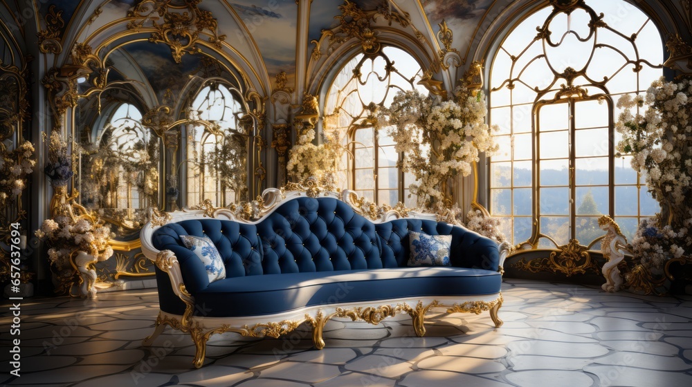 Color palette of royal blue, gold, and ivory in a living room, interior ...