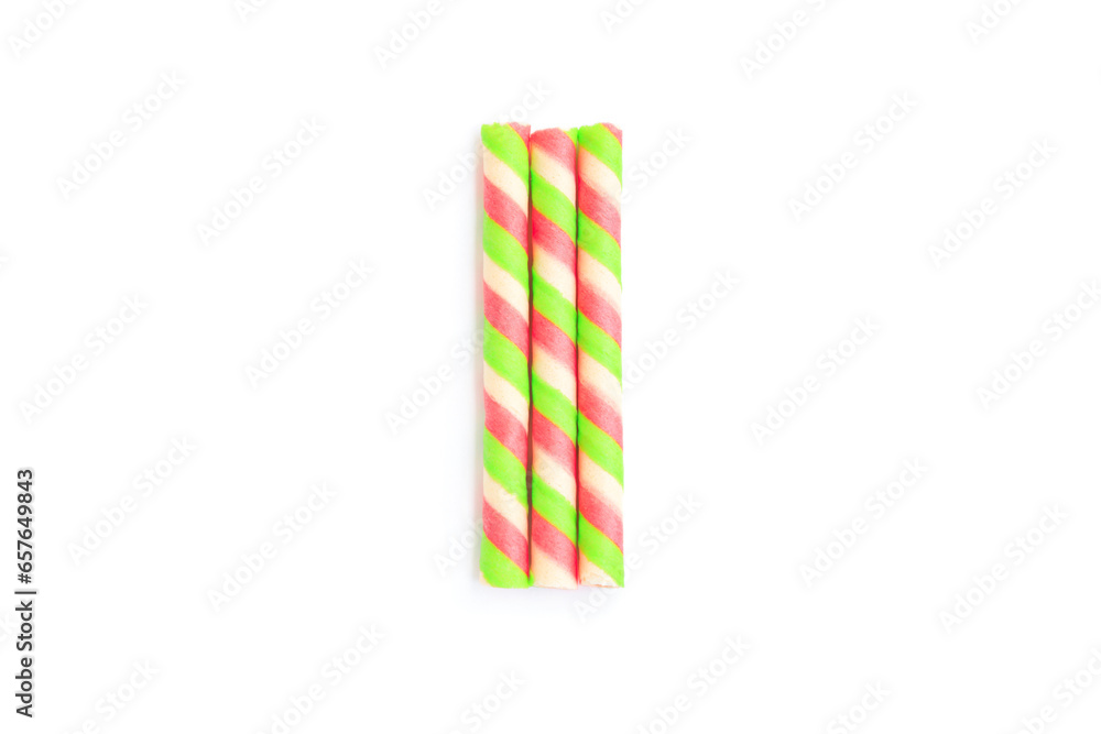 Colorful striped wafer stick rolls isolated on white background, Wafer ...