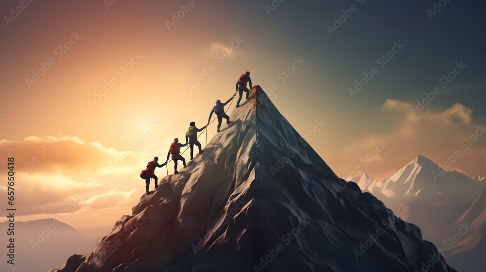 Teamwork to get success together, mountaineers helping each other to ...