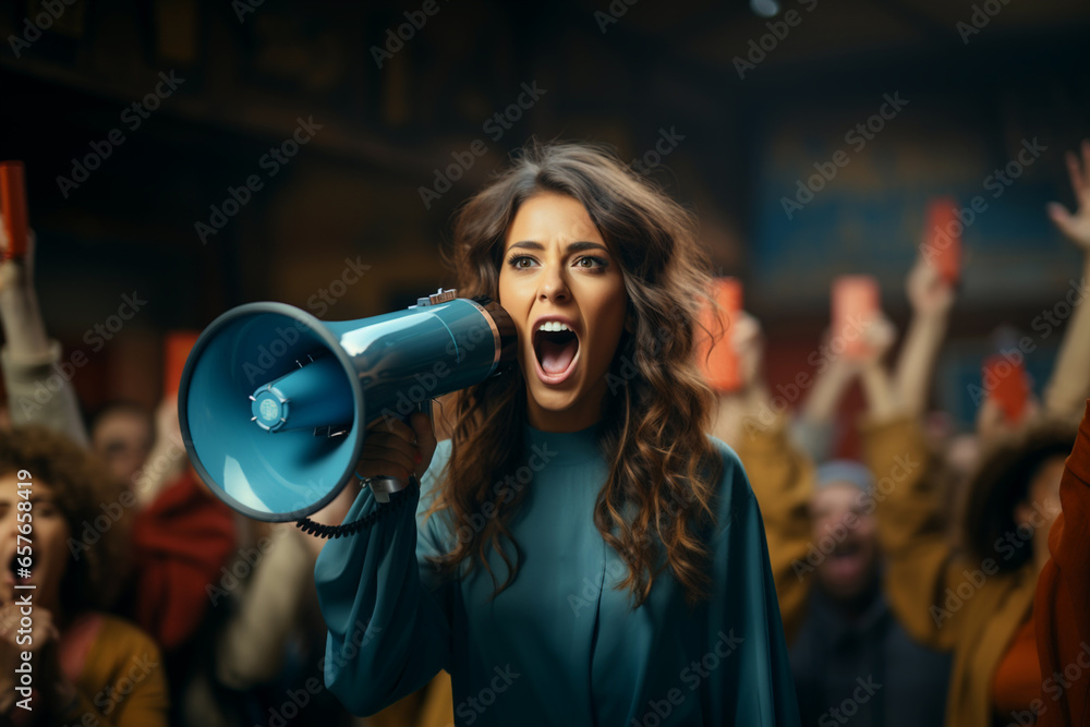 Beautiful young woman screaming in blue megaphone loudspeaker on people bokeh background. Empty ...