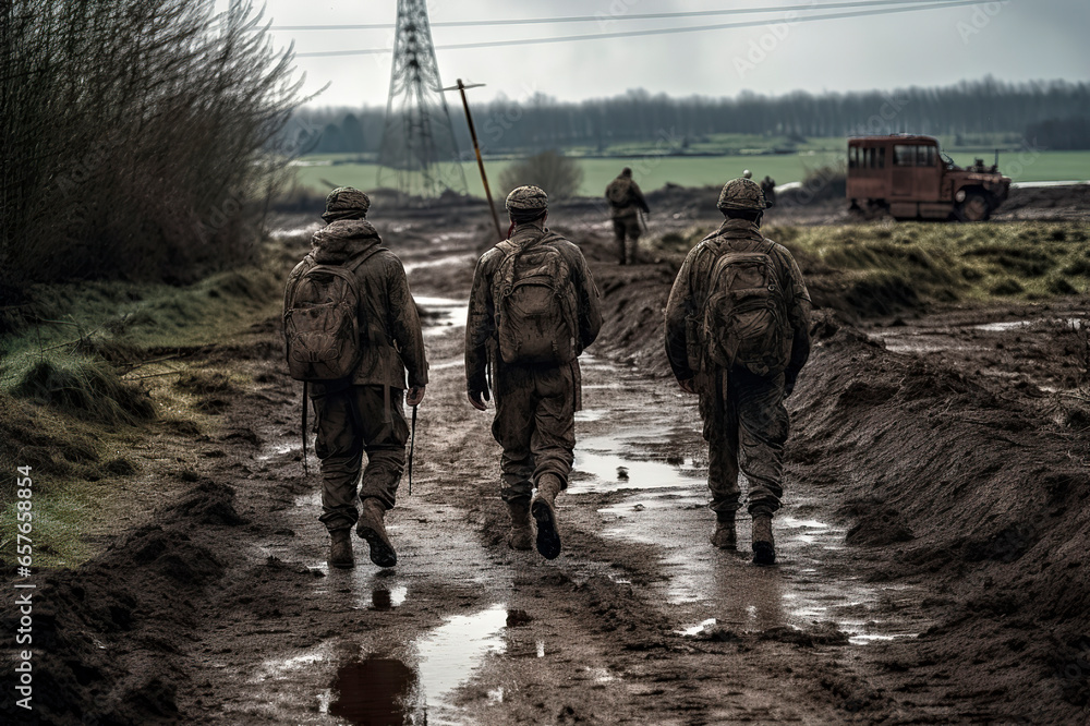 Courageous Retreat: Soldiers Navigate the Wintry Battlefield on a Muddy ...