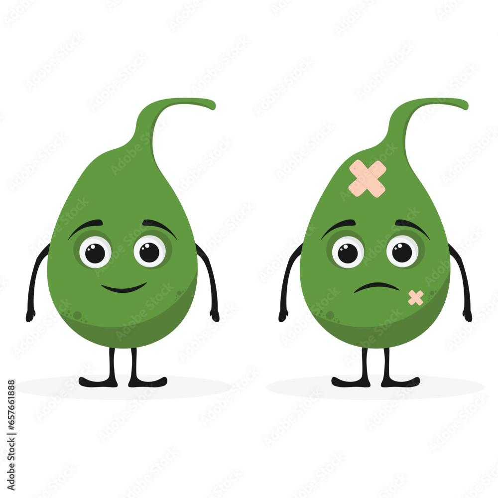 Cute green cartoon unhealthy sick gallbladder character. Vector hand ...