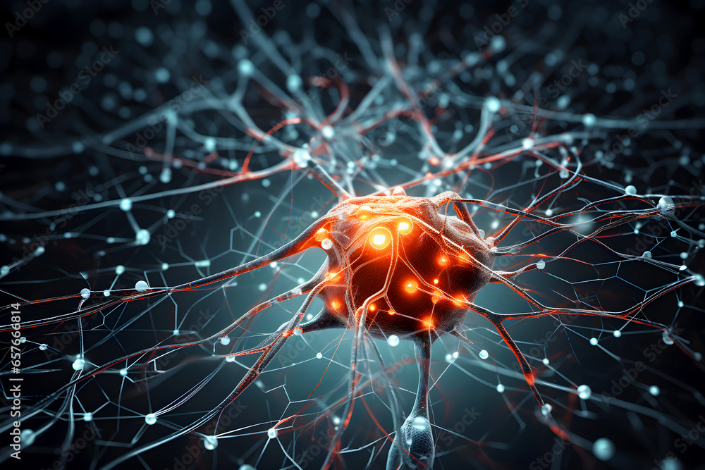 Orange branched neural network with connection nodes on dark background ...