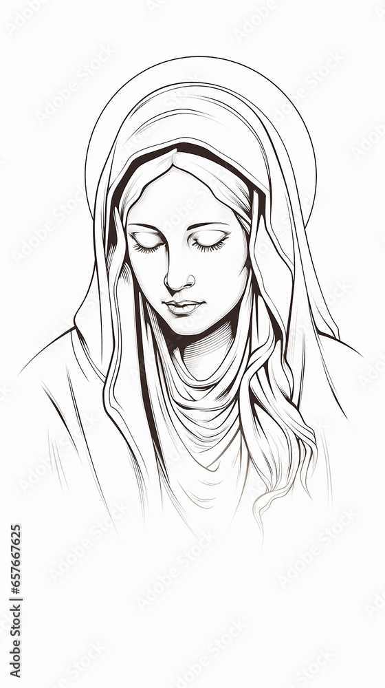 virgem maria Desenho de uma linha isolado em fundo branco, simbolo ...