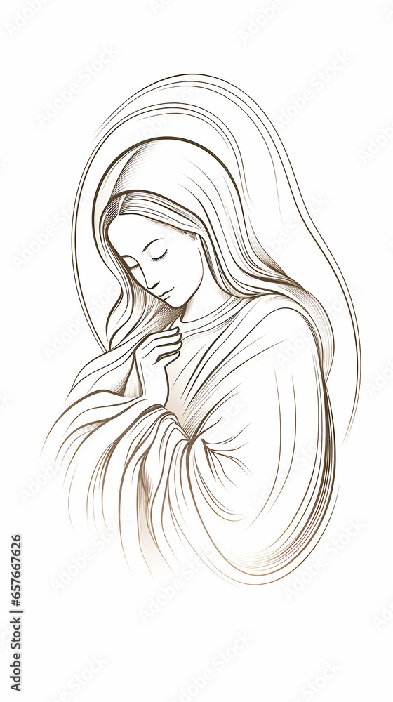 virgem maria Desenho de uma linha isolado em fundo branco, simbolo ...