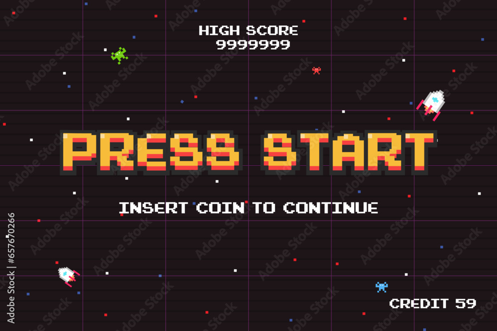 PRESS START INSERT A COIN TO CONTINUE .pixel art .arcade screen.8 bit ...