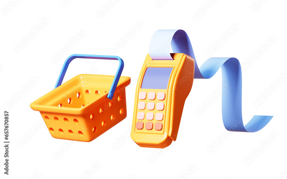 Cartoon shopping basket and pos terminal, 3d rendering. Stock ...