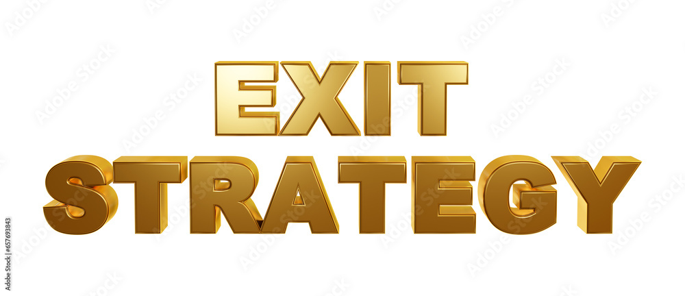 3D gold text or word "EXIT STRATEGY" on transparent background. metalic ...