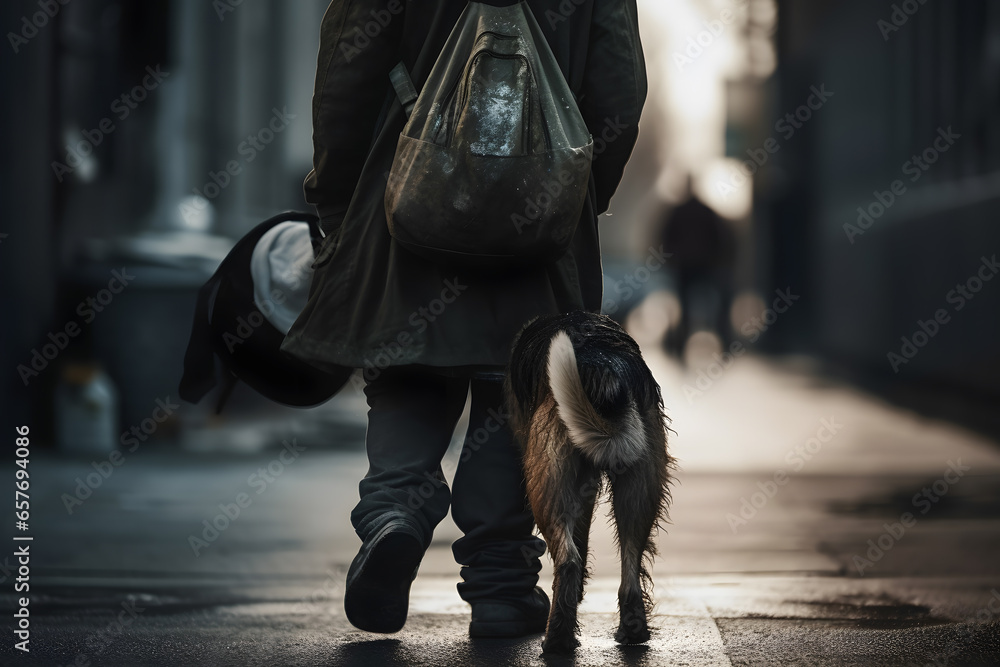 Homeless man walking down street with his friend dog. Concept ...