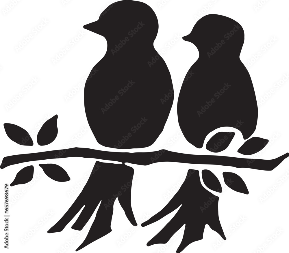Cartoon Black and White Illustration Vector Of 2 Birds Sitting on a ...