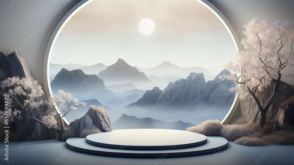 Radiant Summit: 3D Rendered Podium in a Dreamlike Natural Setting ...