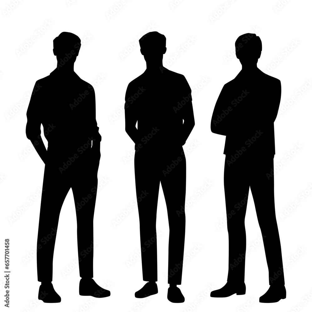Vector silhouette of three men standing, profile, business people ...