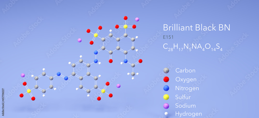 brilliant black bn molecule, molecular structures, food dye e151, 3d ...