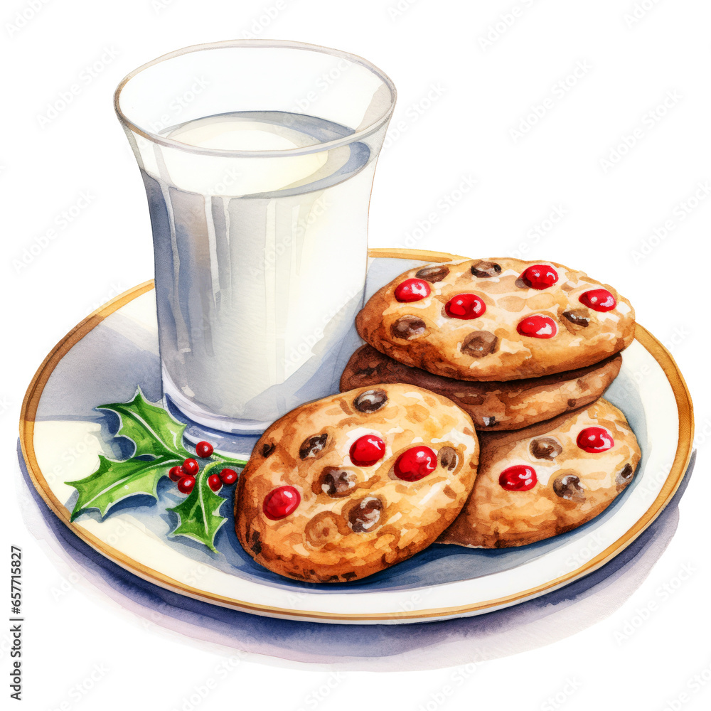 Watercolor Milk and cookies for santa Clipart isolated on Transparent ...