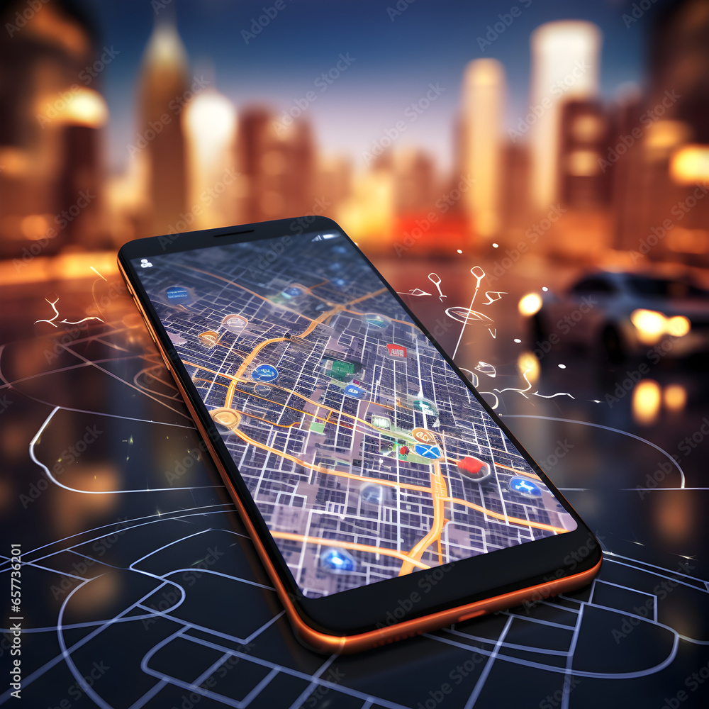 GPS map with directions on a smartphone in the big city. Generative ai ...