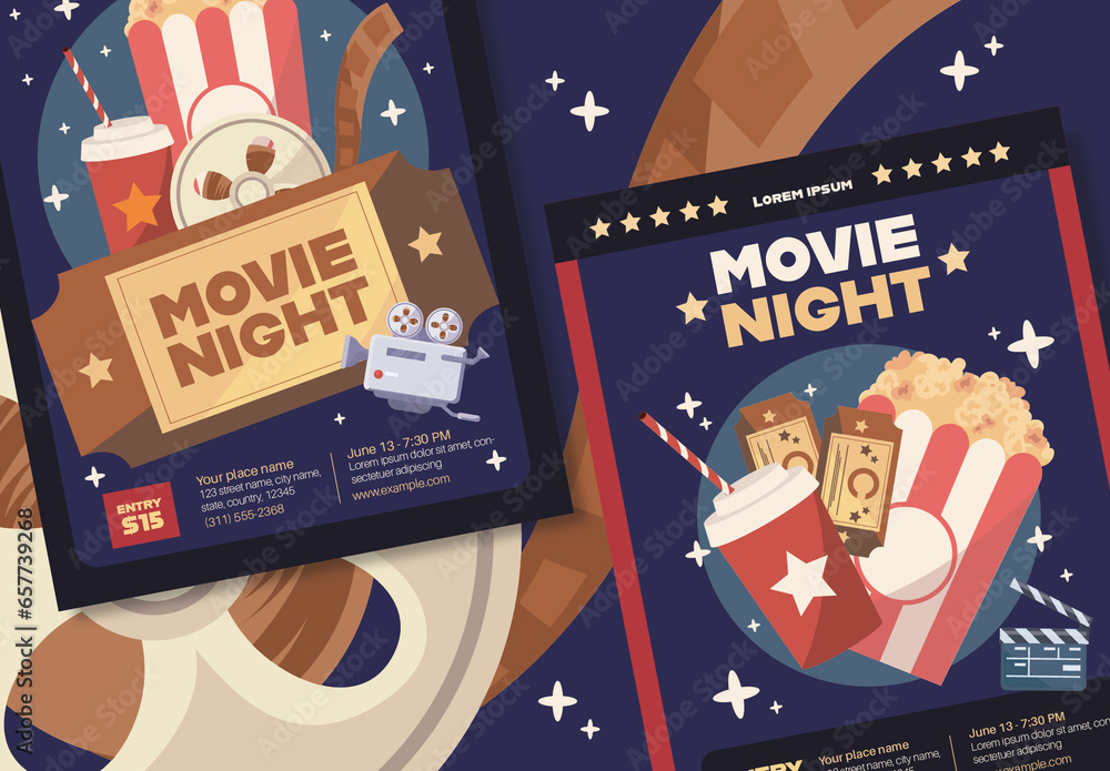 Dark Red and Blue Flat Movie Night Event Poster Cinematic Popcorn ...