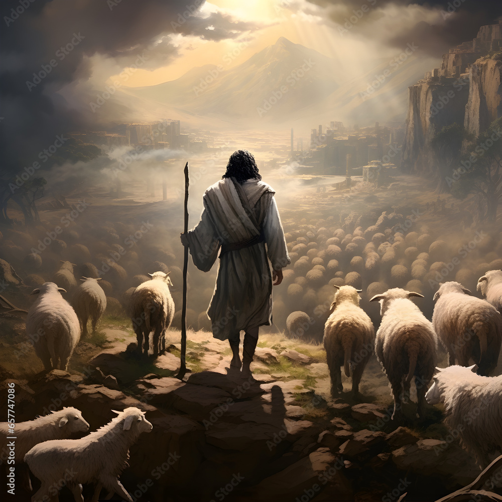 Jesus Christ the Shepherd leading his sheep. Generative ai. Stock ...