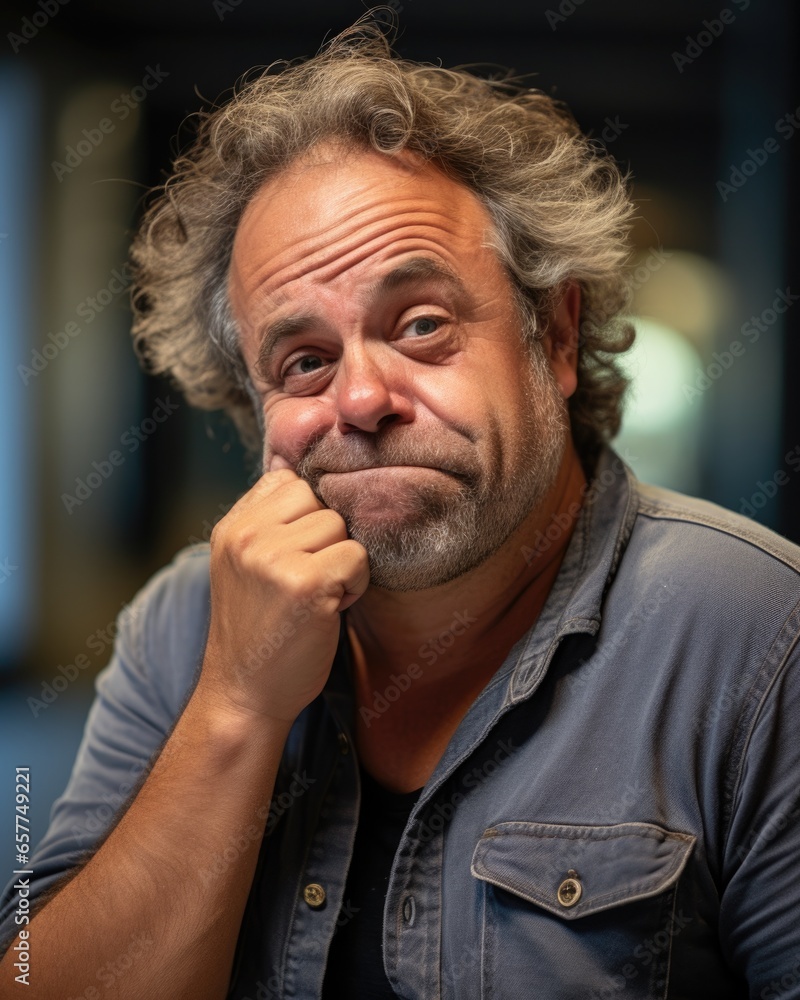 A middle-aged man with puffed cheeks and squinted eyes in a playful ...