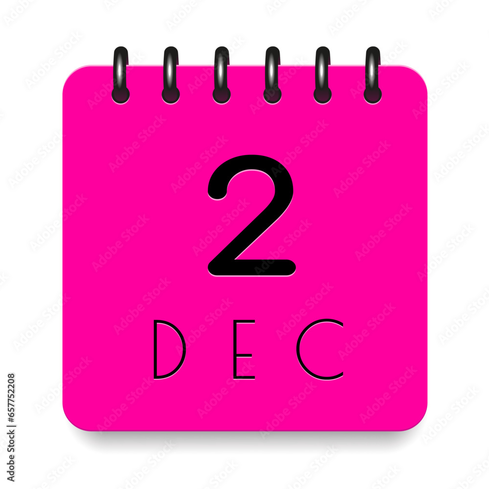 2 day of the month. December. Pink calendar daily icon. Black letters ...