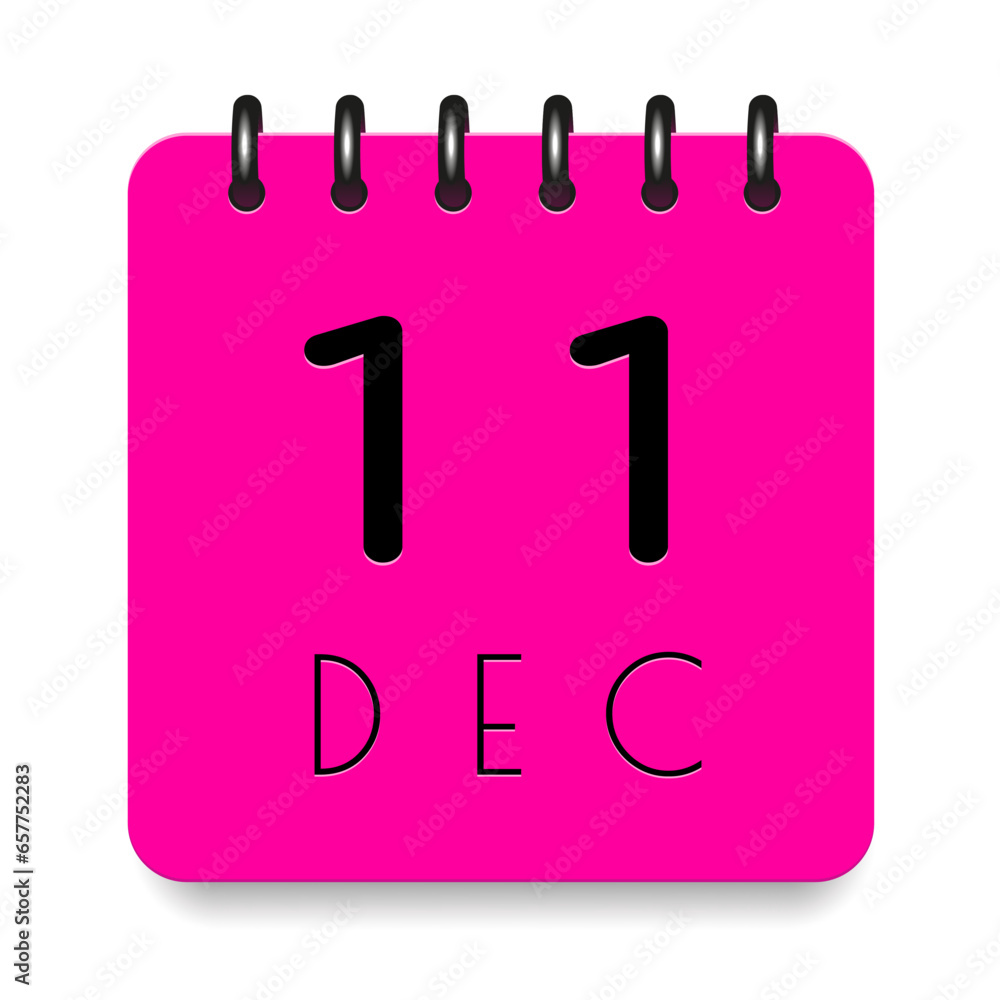 11 day of the month. December. Pink calendar daily icon. Black letters ...