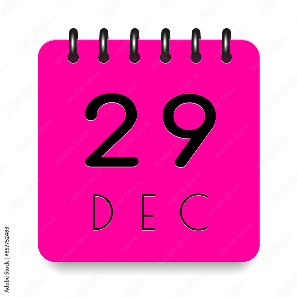29 day of the month. December. Pink calendar daily icon. Black letters ...