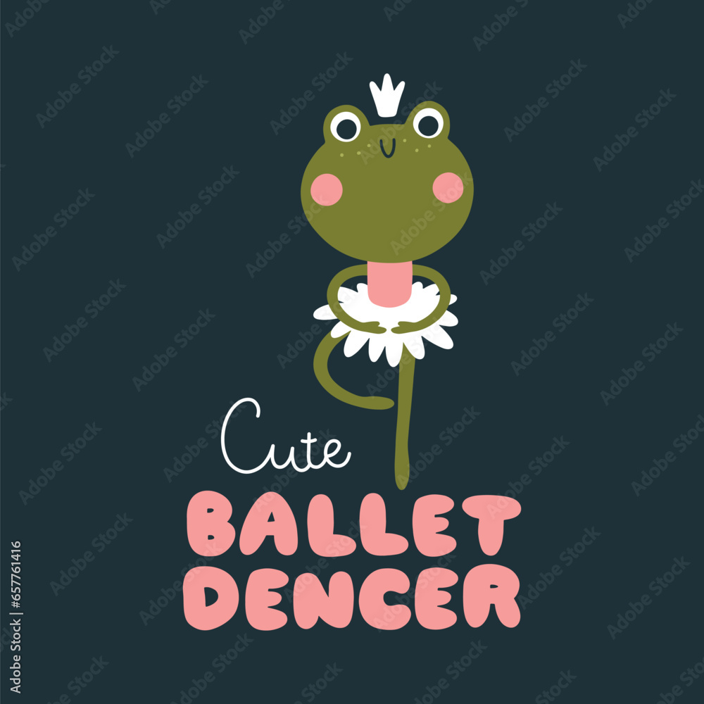 Frog ballerina card with lettering. Vector illustration of a cute ...