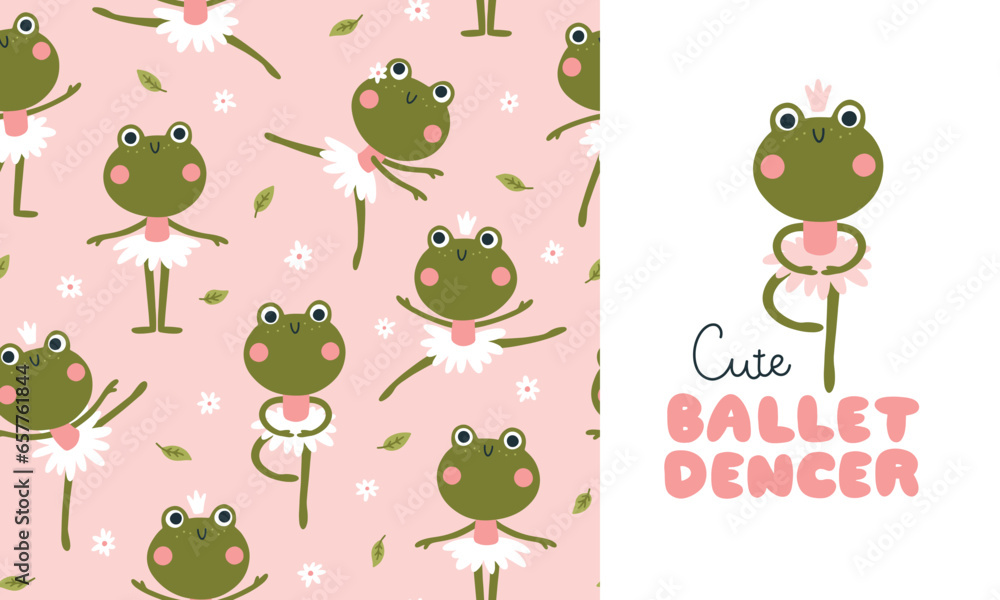 Ballerina frogs set seamless pattern and print. Vector illustration of ...