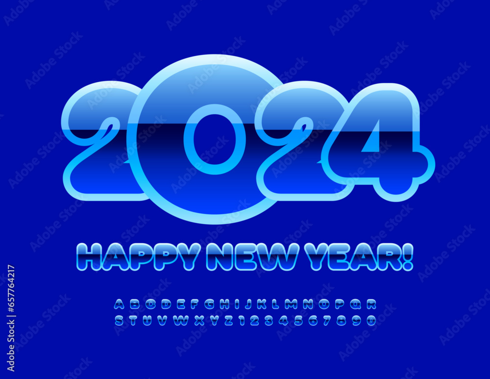 Vector magical Greeting Card Happy New Year 2024! Glossy Blue Font ...