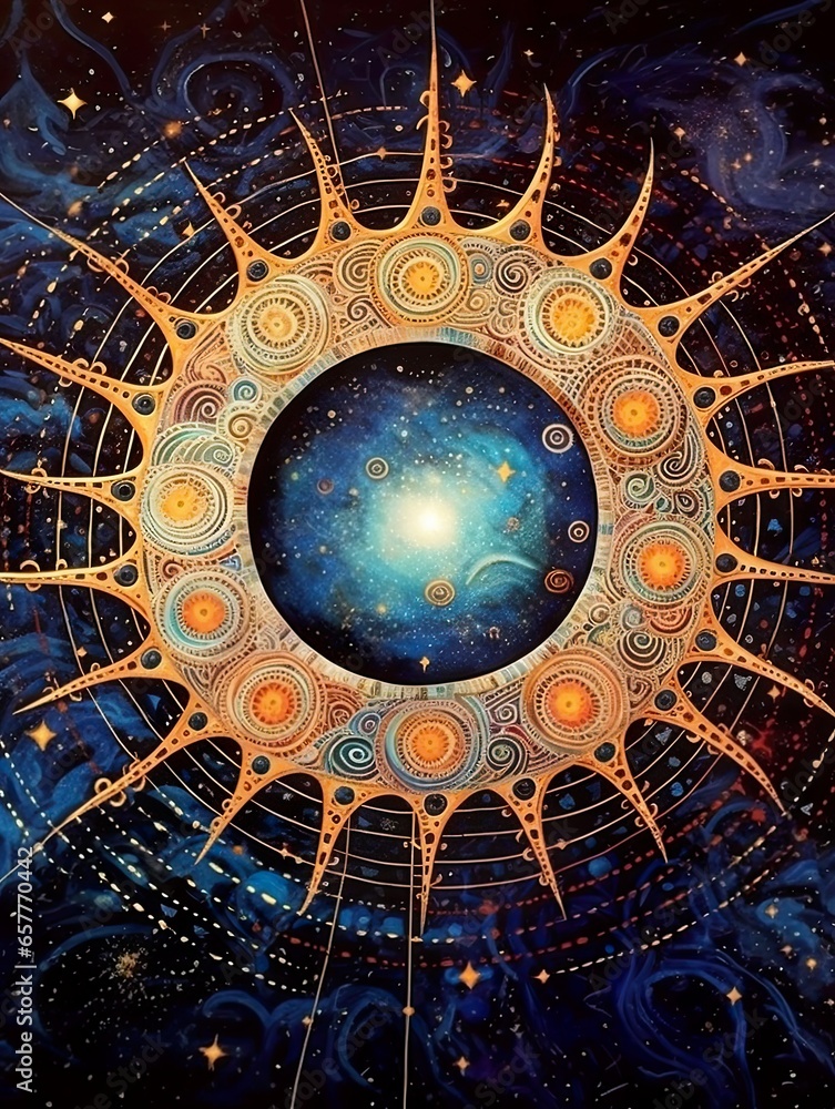 Symbolic depiction of celestial realm with fiery, radiant shapes ...