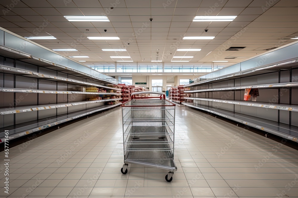 An empty shopping cart in the aisle of a supermarket with empty shelves ...