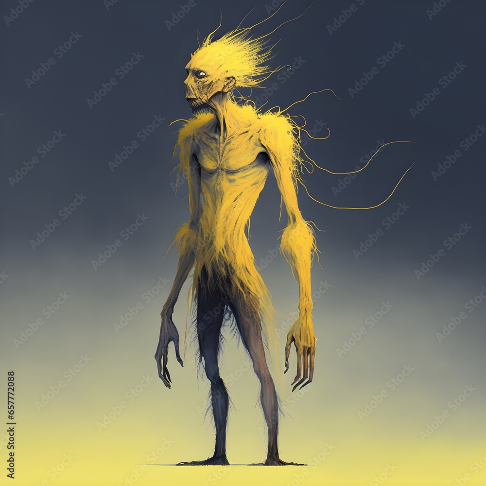 immensely tall lean shaggy vaguely humanoid thing with matted yellow ...