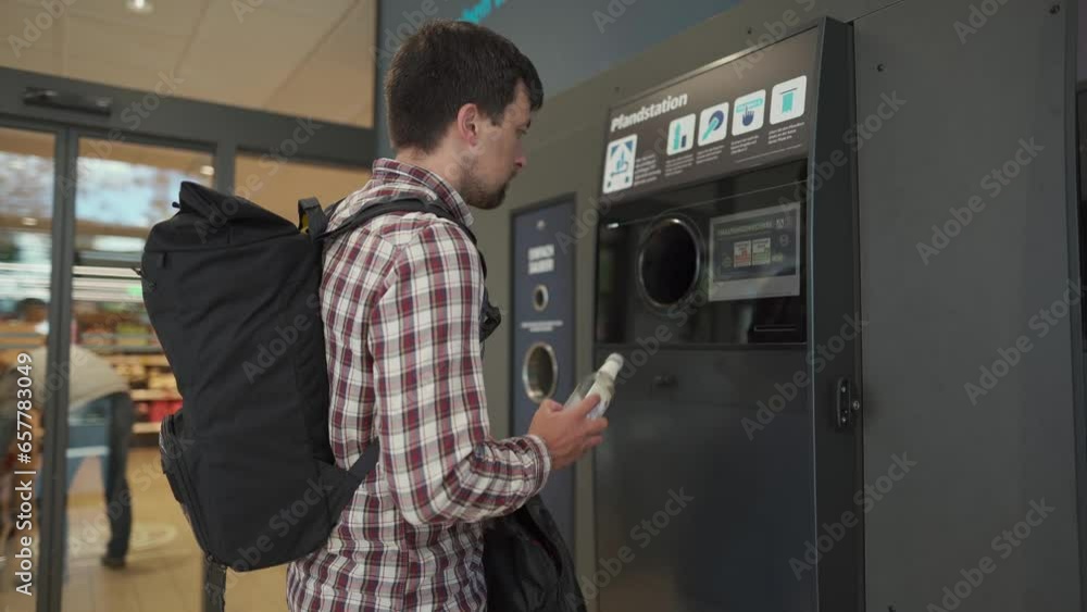 Munich. Germany. Aldi Supermarket. Man returns plastic bottles. Reverse ...