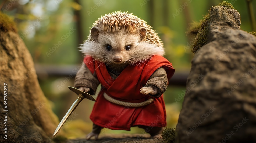 Hedgehog in a samurai costume with a blade, a sword. Generative AI ...