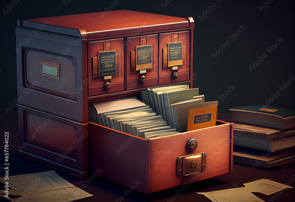 File cabinet. Box with old paper cards, archive, inventory concept ...