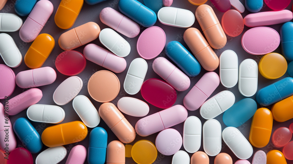 Multi-colored tablets of different shapes are scattered on a flat ...