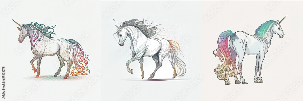 collection of hand-drawn, full-body unicorns on a crisp white ...