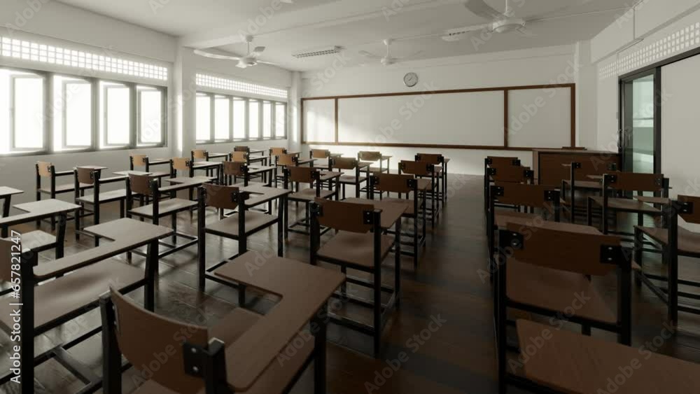 3D rendering animation of a modern classroom interior. A smooth camera ...