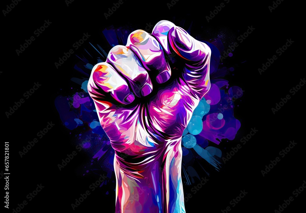 A clenched fist is raised upward. A symbol of protest, rebellion and ...