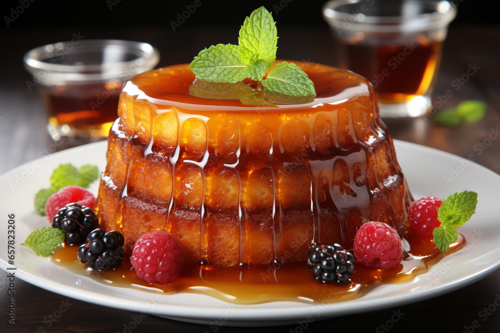 Temptation on a white background: luxury image of flan with syrup Stock ...