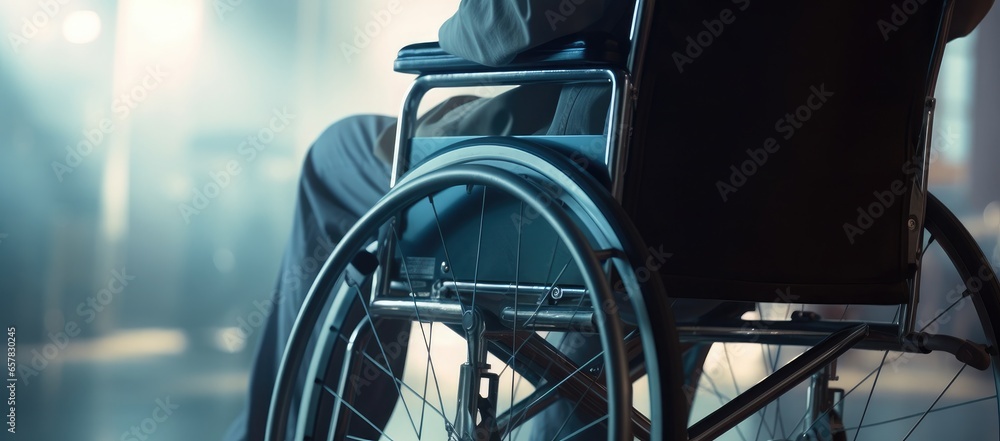 Banner of a man in a wheelchair without face. Close-up. Dramatic style ...