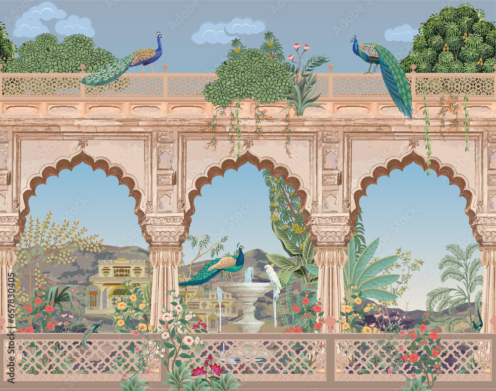 Beautiful Mughal arch, palace, peacocks, parrot, garden, mountain ...