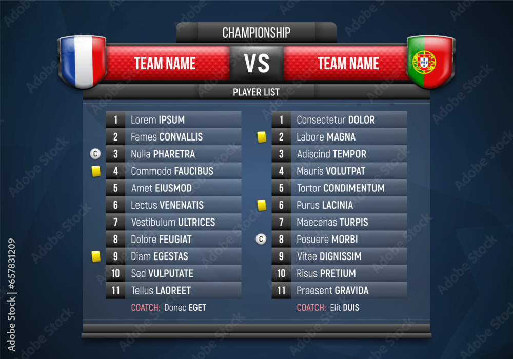 Sport scoreboard with team list and logo. Vector template for your ...