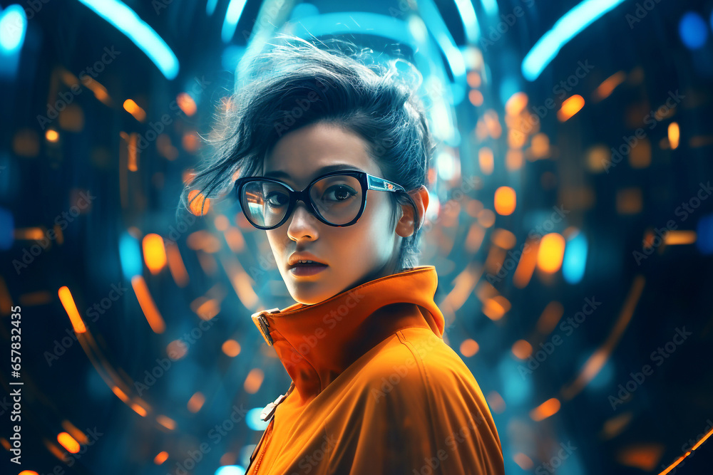 Futuristic portrait of a woman wearing eyeglasses, representing the ...