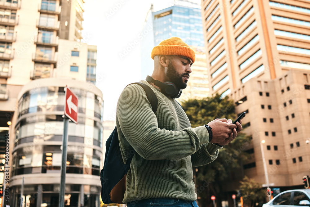 City, phone and man typing, walking and check email, mobile ...