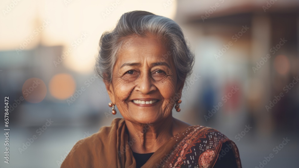 Smiling Old Indian Woman with Brown Straight Hair Photo. Portrait of ...