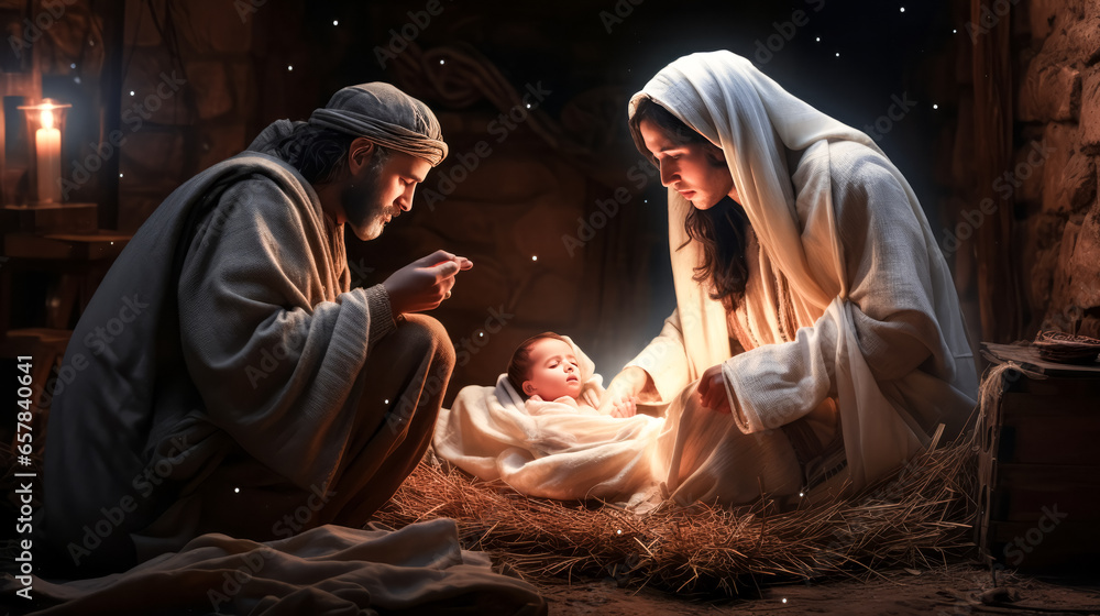 A nativity scene depicts Mary, Joseph, and baby Jesus. The image shows ...