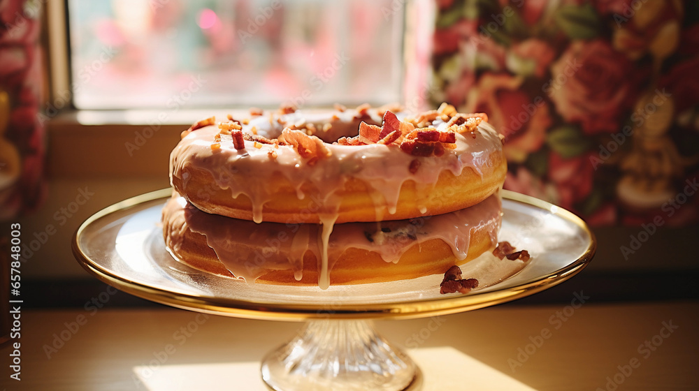 Retro 70s style photo of a maple bacon donut on a glass plate, colorful ...