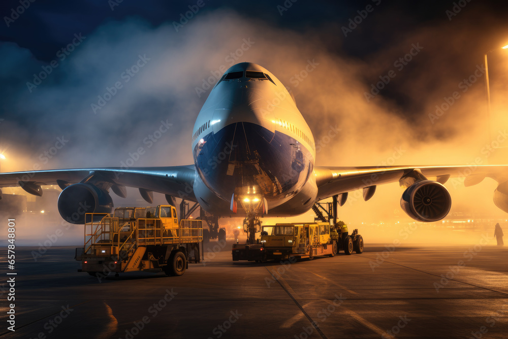 Cargo plane being loaded or unloaded with freight at a bustling airport ...
