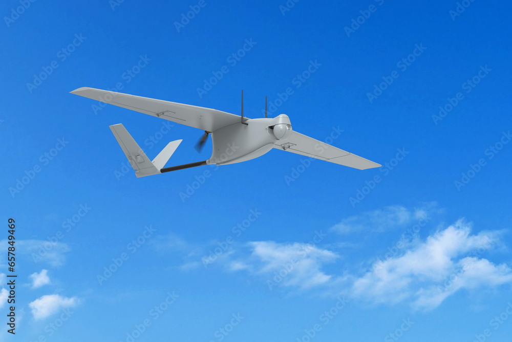 Unmanned Aerial Vehicle (UAV). Armed unmanned military drone on patrol ...